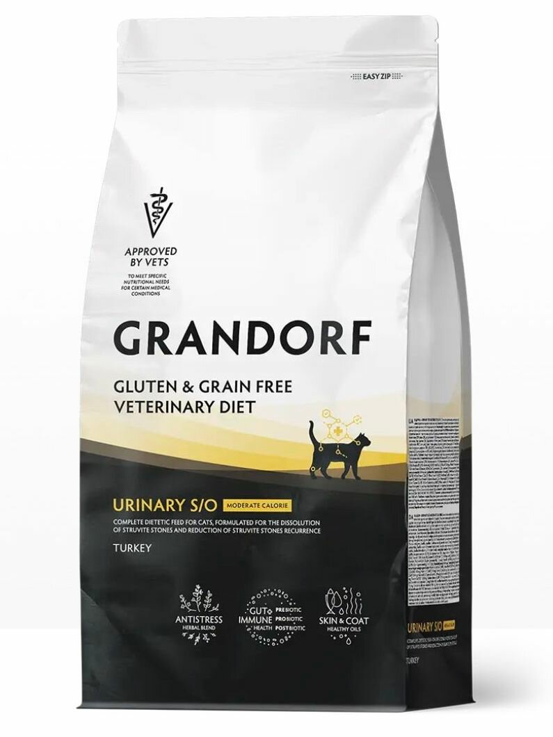 GRANDORF URINARY S/O MODERATE CALORIE Полнорационный диетический корм для кошек, предрасположенных к набору лишнего веса, для растворения струвитных камней 400 гр.