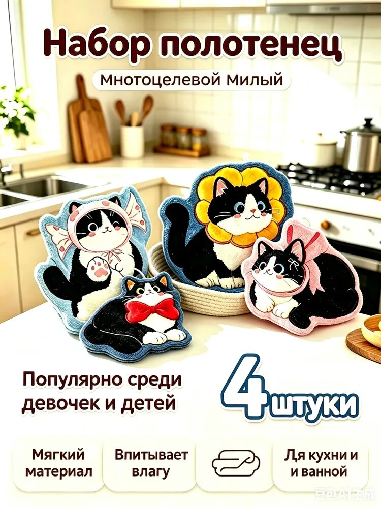 Полотенце кухонное 24x24, 24x27 4 шт шенилловая фактура корал-флис белый