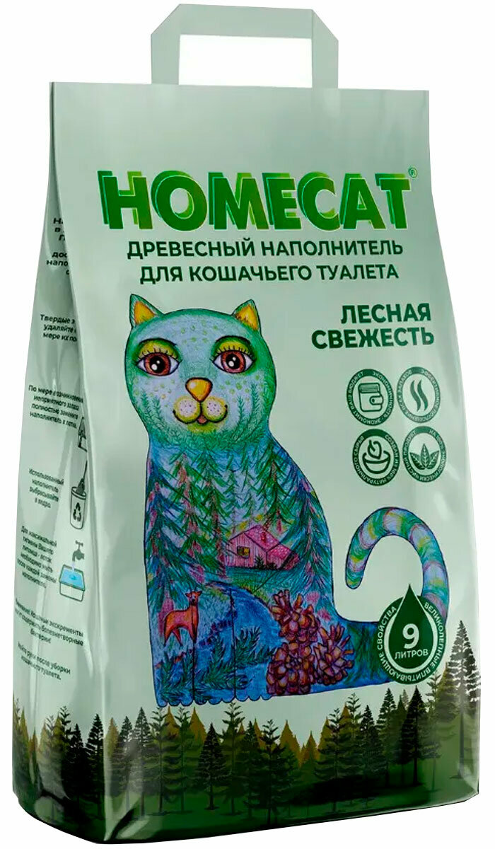 HOMECAT лесная свежесть наполнитель древесный для туалета кошек (9 л х 4 шт)