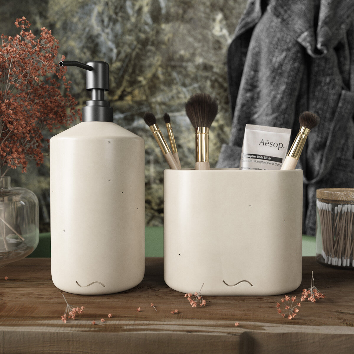 Набор для ванной Astrid 18 (дозатор для жидкого мыла 0,4 л, двойной стакан для зубных щёток) бетон, кремовый глянцевый