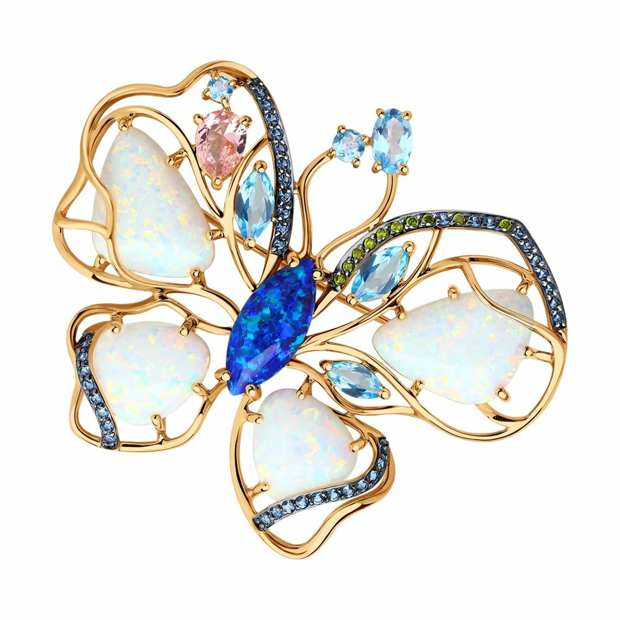 Брошь, красное золото, 585 проба, морганит, топаз, опал, фианит