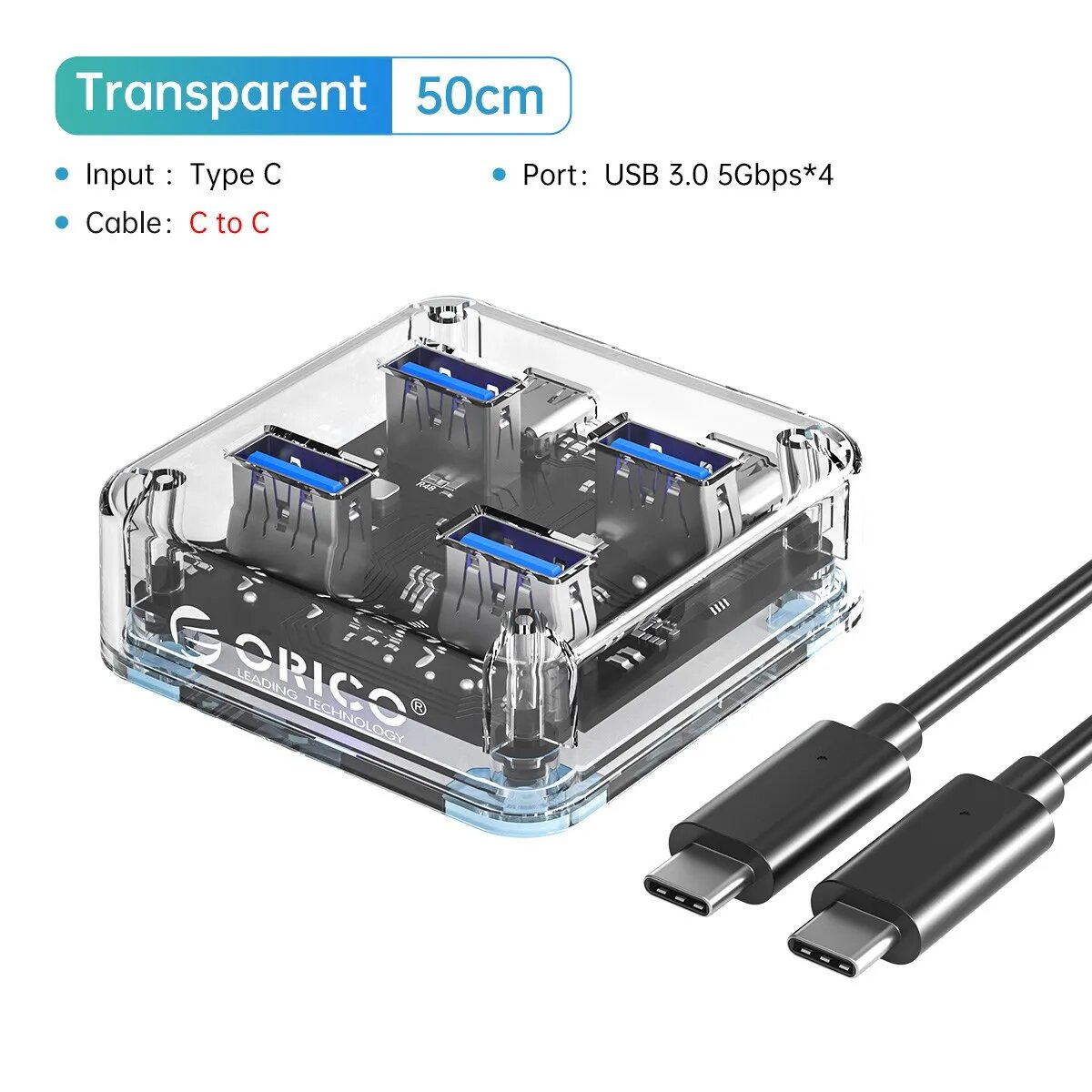 ORICO USB C концентратор 4 порта, 50см, прозрачный