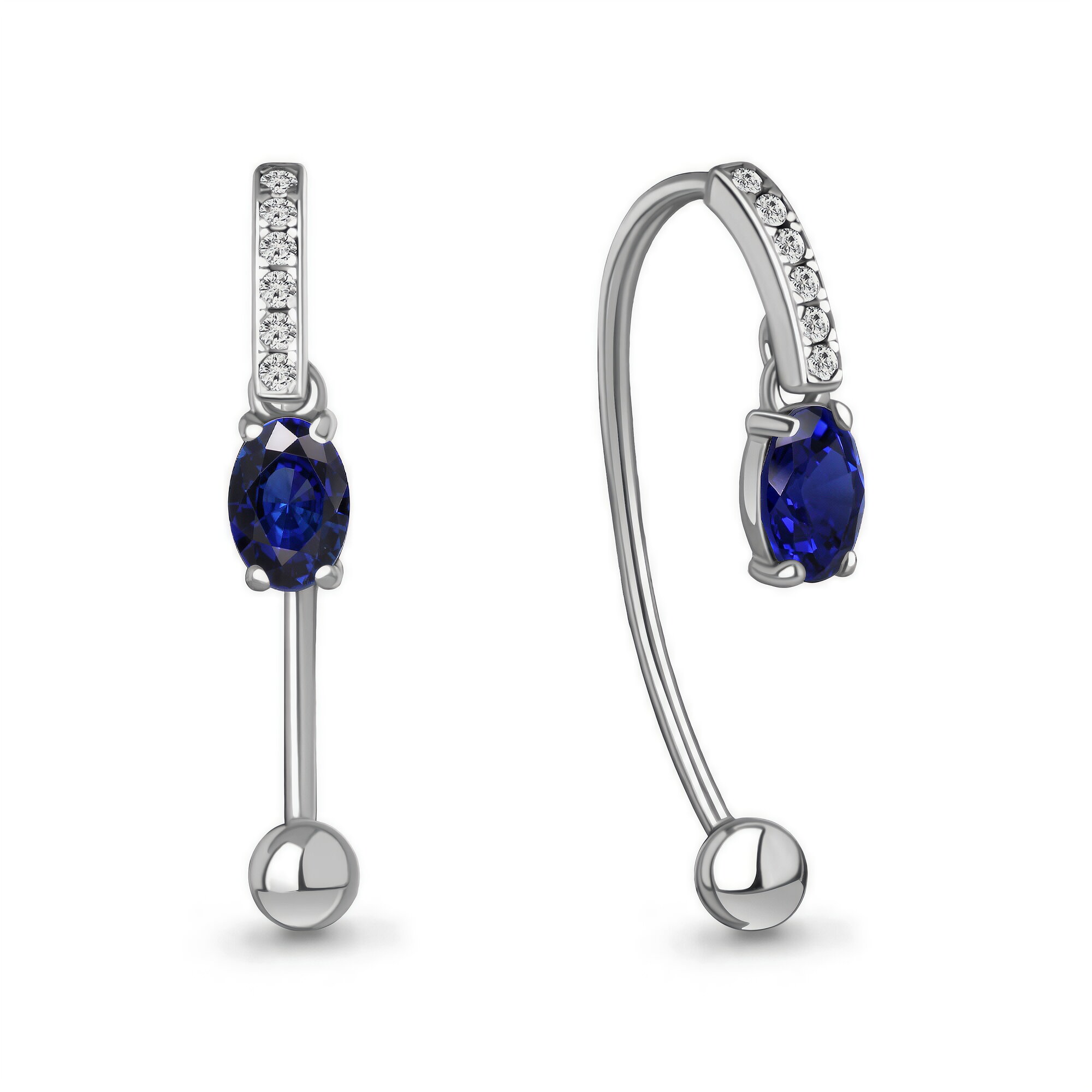 Серьги пусеты, серебро, 925 проба, родирование, сапфир синтетический, фианит