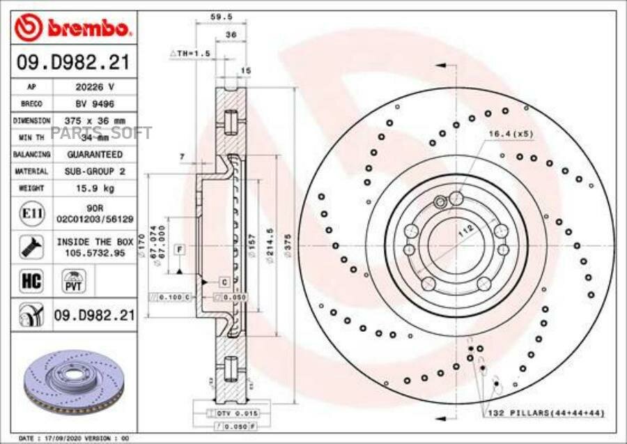 BREMBO 09. D982.21 Диск тормозной передн. с УФ-покрытием MERCEDES-BENZ GLE (V167) 10/18-> / MERCEDES-BENZ GLE Coupe (C1 ()