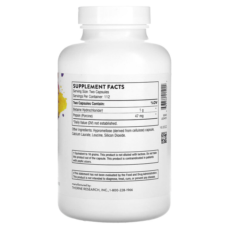 Thorne Betaine HCL & Pepsin (Бетаингидрохлорид и пепсин) 225 капсул (Thorne Research)