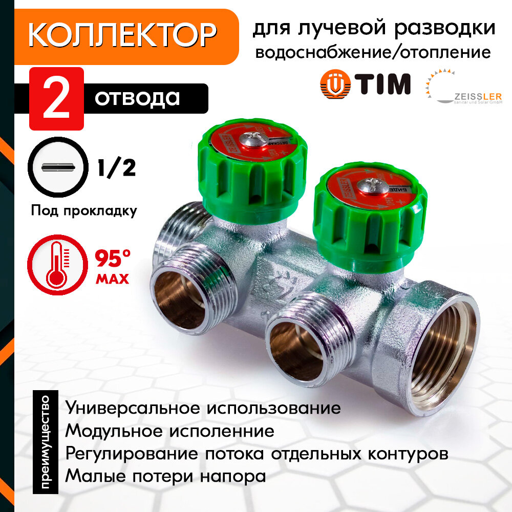 Коллектор регулирующий под плоскую прокладку 3/4х1/2 - 2 отвода ZEISSLER ZSc.401.0502NF