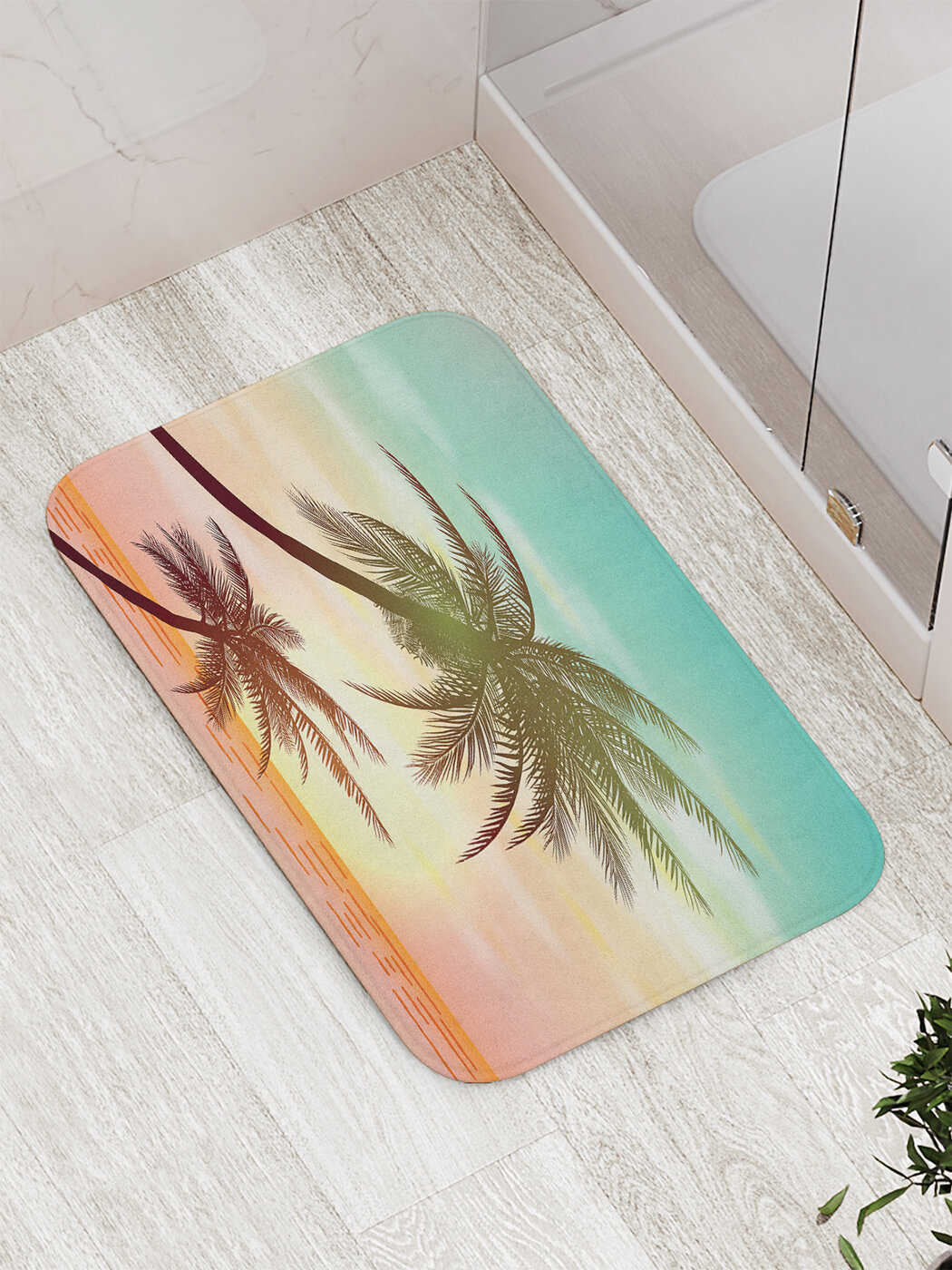 Коврик для ванной комнаты, туалета "Пальмы над морем" противоскользящий, 52х77 см, JoyArty