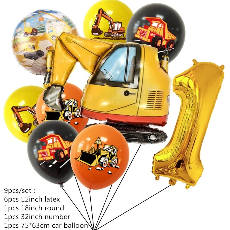 9 шт, латексные шары для строительной машины, экскаватор, кран, воздушные шары с номером для мальчиков, украшения для дня рождения, подарки Sup