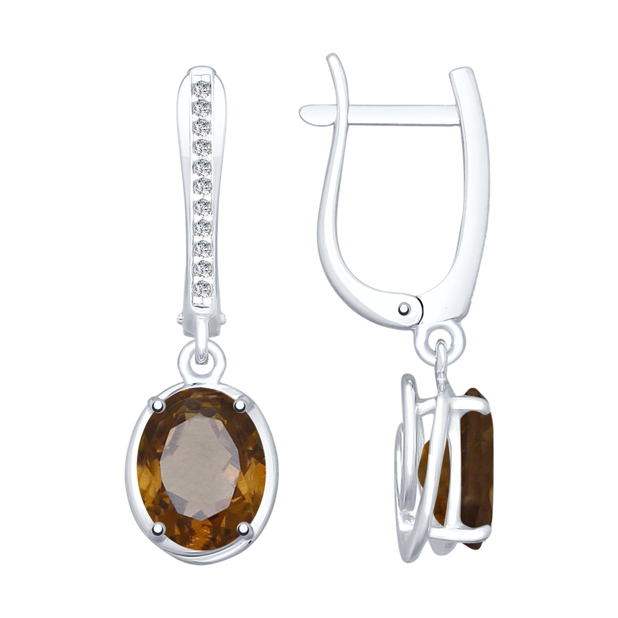 Серьги, серебро, 925 проба, родирование, фианит, раухтопаз