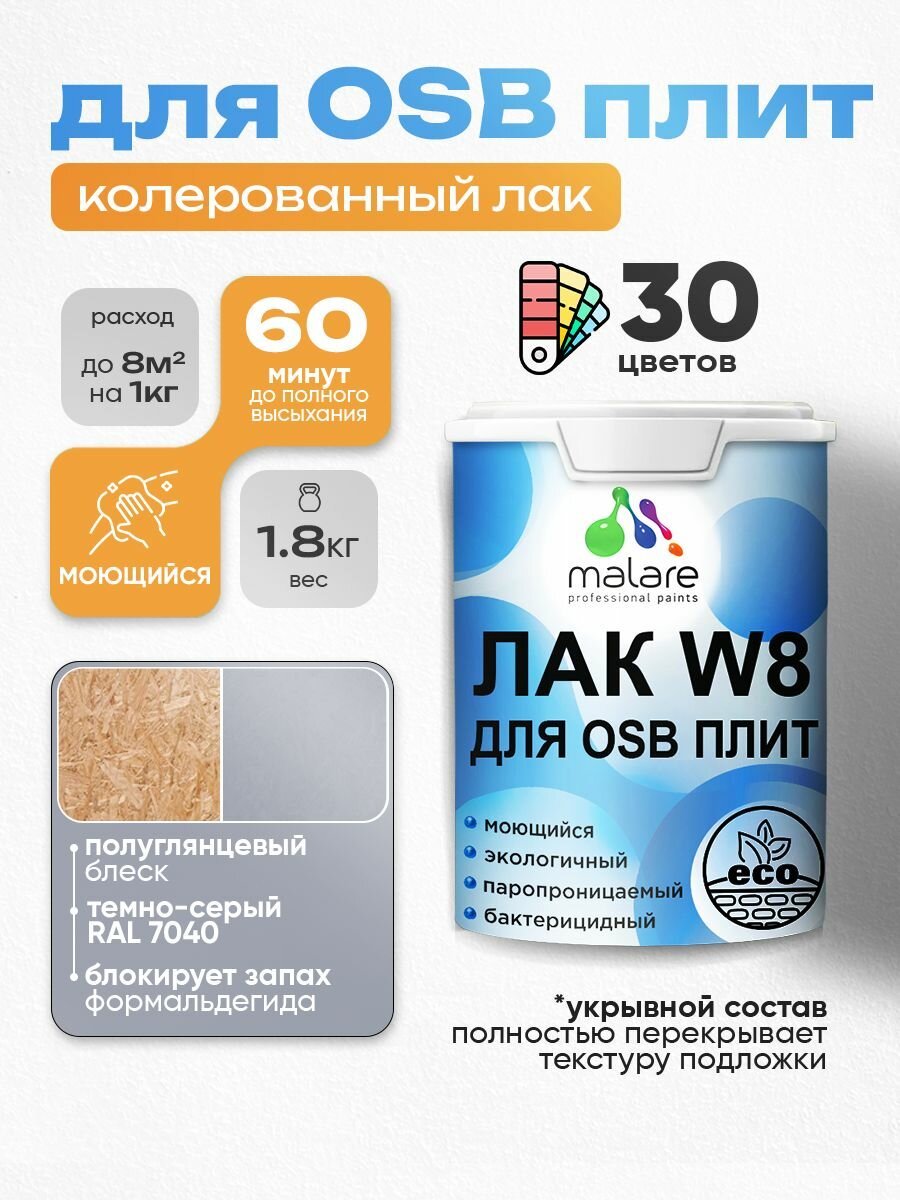 Лак колерованный укрывной для защиты ОСБ плит Malare W8 универсальный для дерева и минеральных поверхностей, паропроницаемый водный без запаха, полуглянцевый RAL 7040 темно-серый, 1.8 кг.