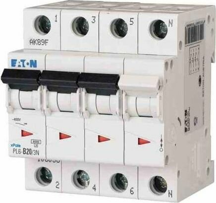 Выключатель EATON PL6-C20/3N Выключатель максимального тока 230/400ВAC Iном: 20А DIN 6кА 1шт