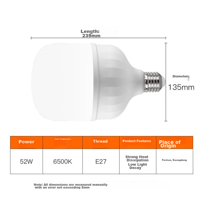 FSL Foshan Lighting LED Bulb, Globe Energy-Saving Bulb, Cylindrical Bulb, High-Power Light Source, E27 Large Screw Base, 52 Watts, White Light
