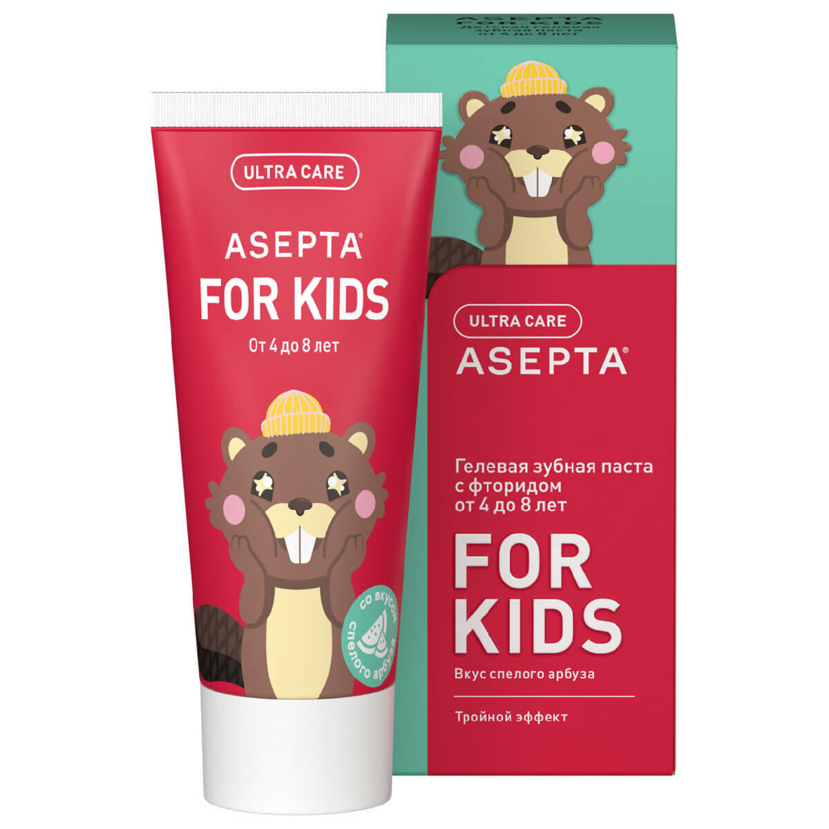 Детская гелевая зубная паста с фторидом со вкусом арбуза, от 4 до 8 лет, 50 мл, Asepta