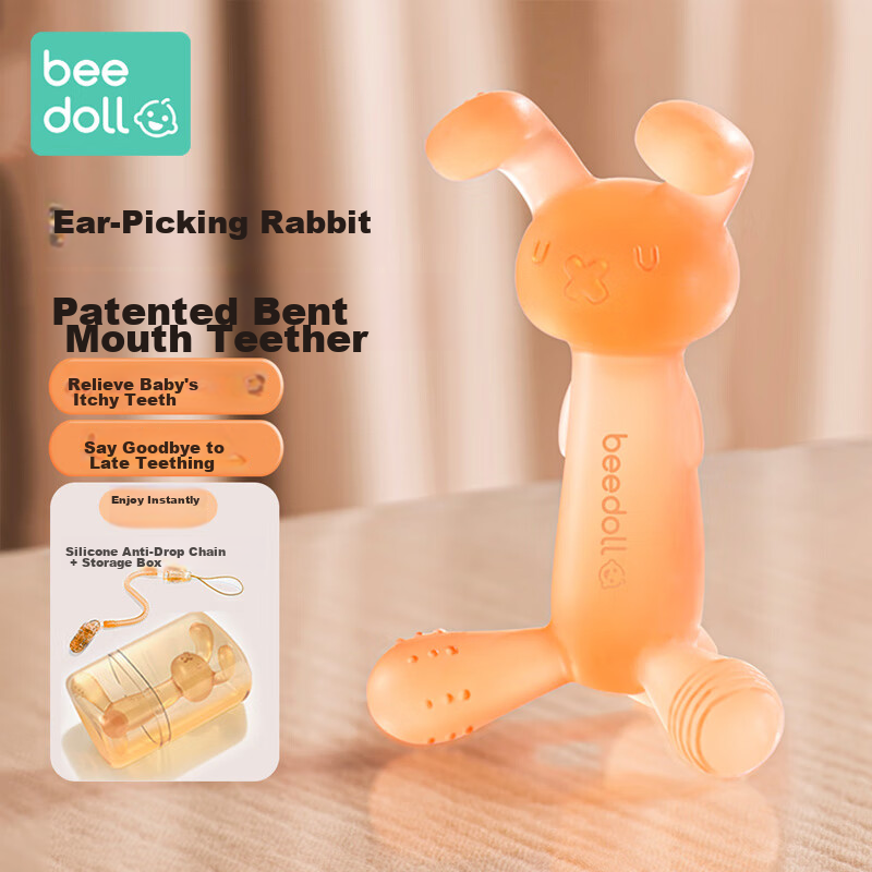 Beedoll Baby Teether, Teething Stick, Oral Stage Rabbit Teether, Chew Toy, Silicone, Strawberry Pink