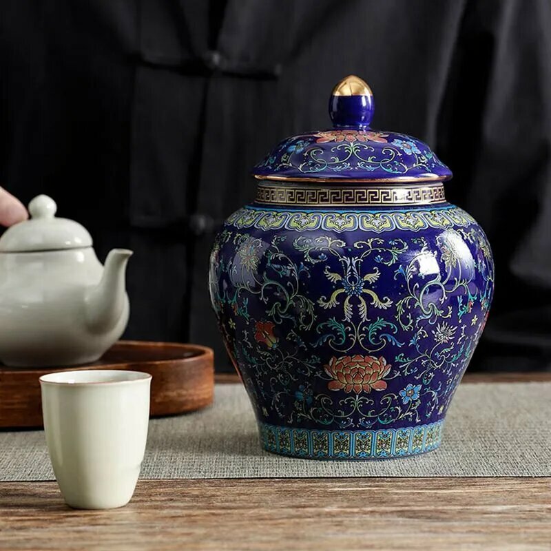 Чайница "Эмаль" керамическая синяя с золотом 1100 мл для чая 1 шт