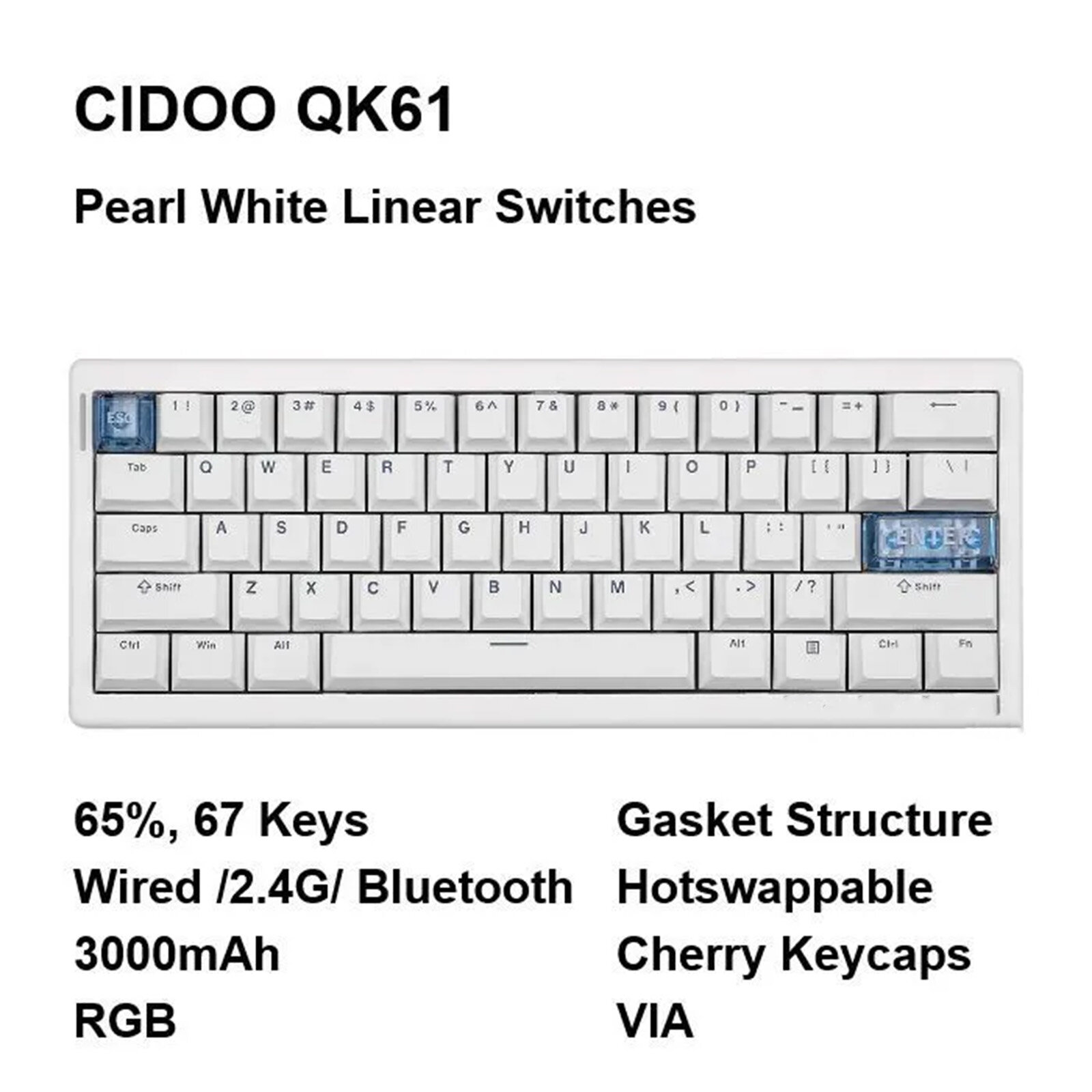 Cidoo Игровая клавиатура беспроводная QK61 V2, Английская раскладка, белый