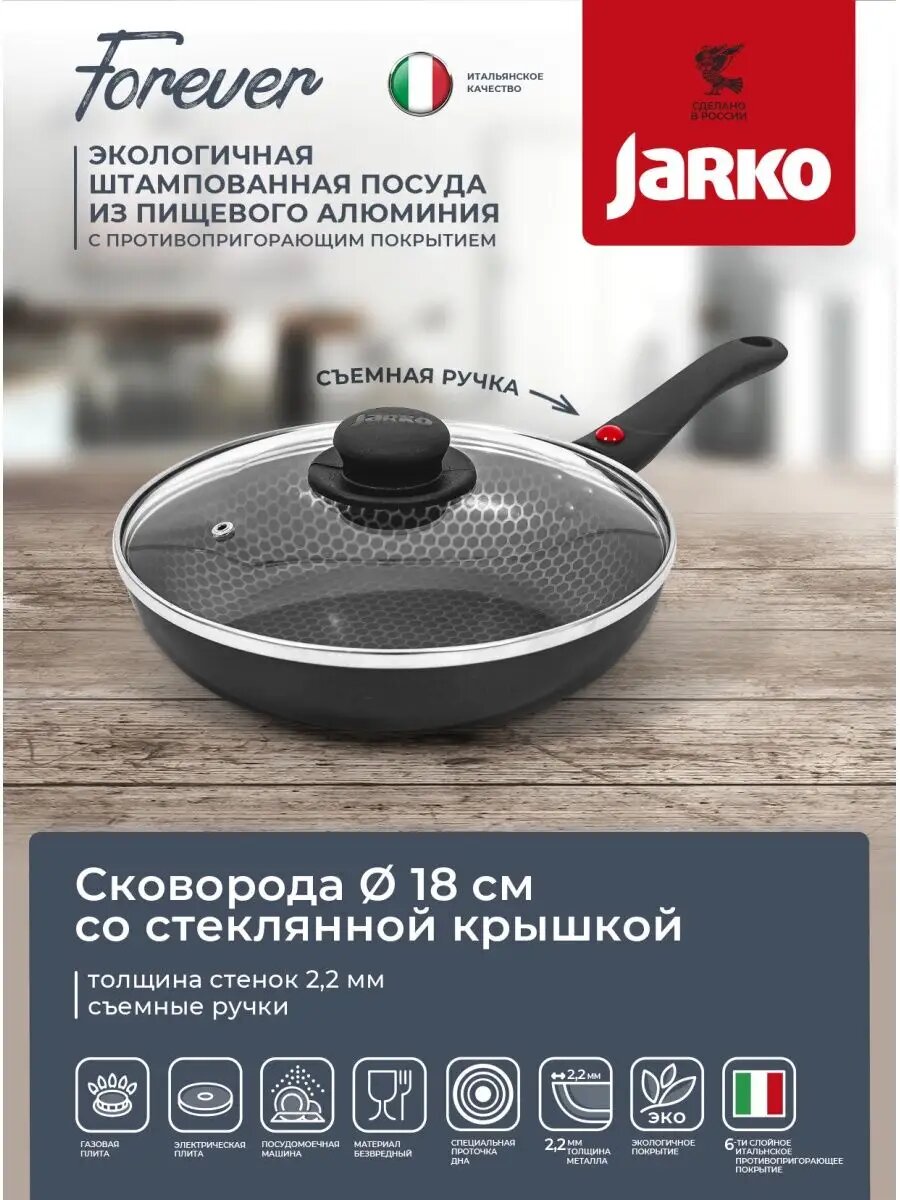 Сковорода маленькая 18см с крышкой, съемная ручка