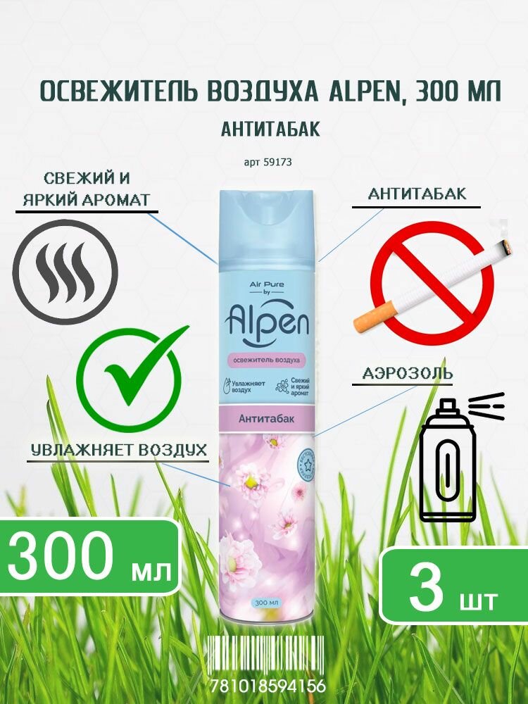 Освежитель воздуха Alpen "Антитабак", аэрозольный, ручной, 300 мл х 3шт