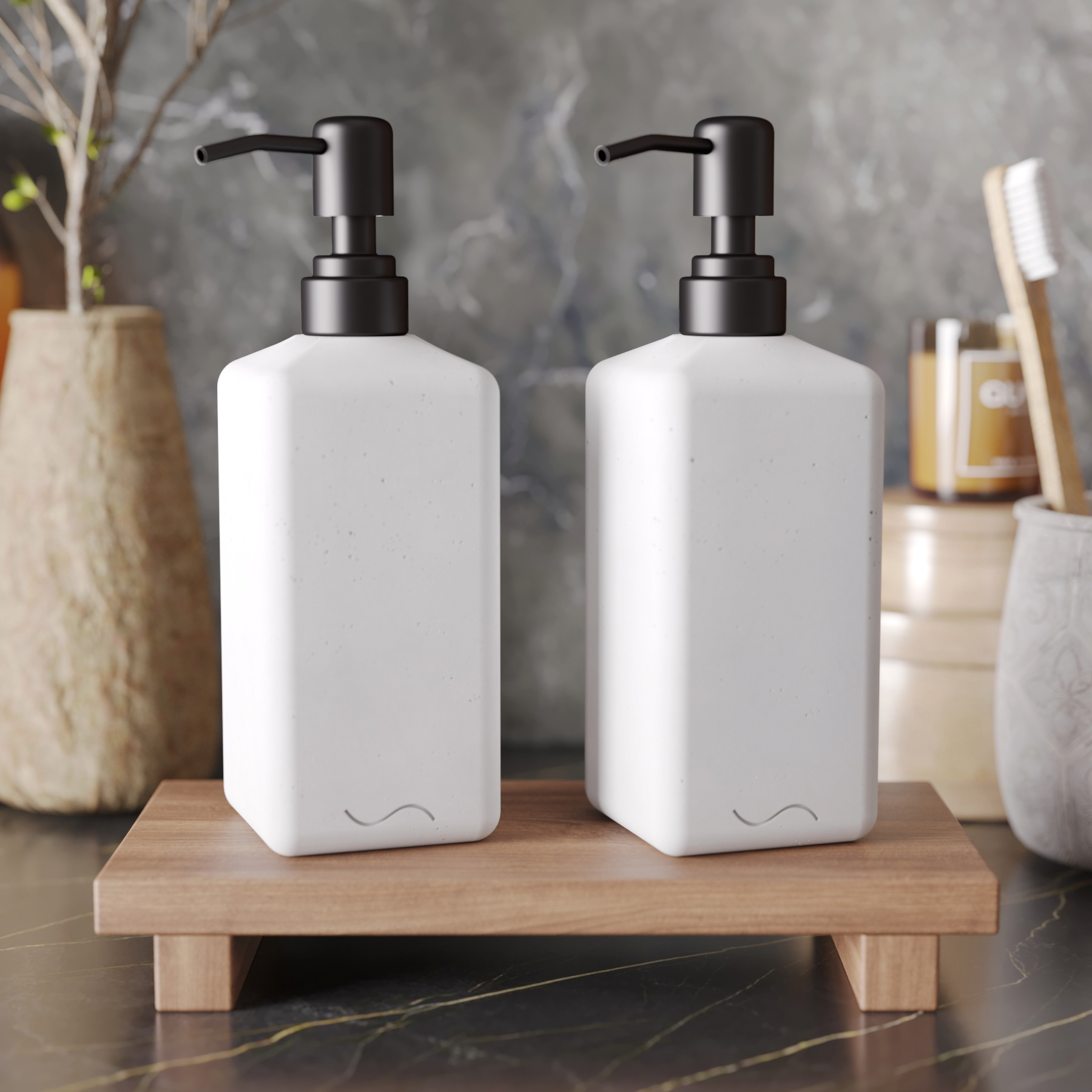 Набор дозаторов Emily Slim, 250мл с черной помпой, для жидкого мыла, бетон, белый матовый