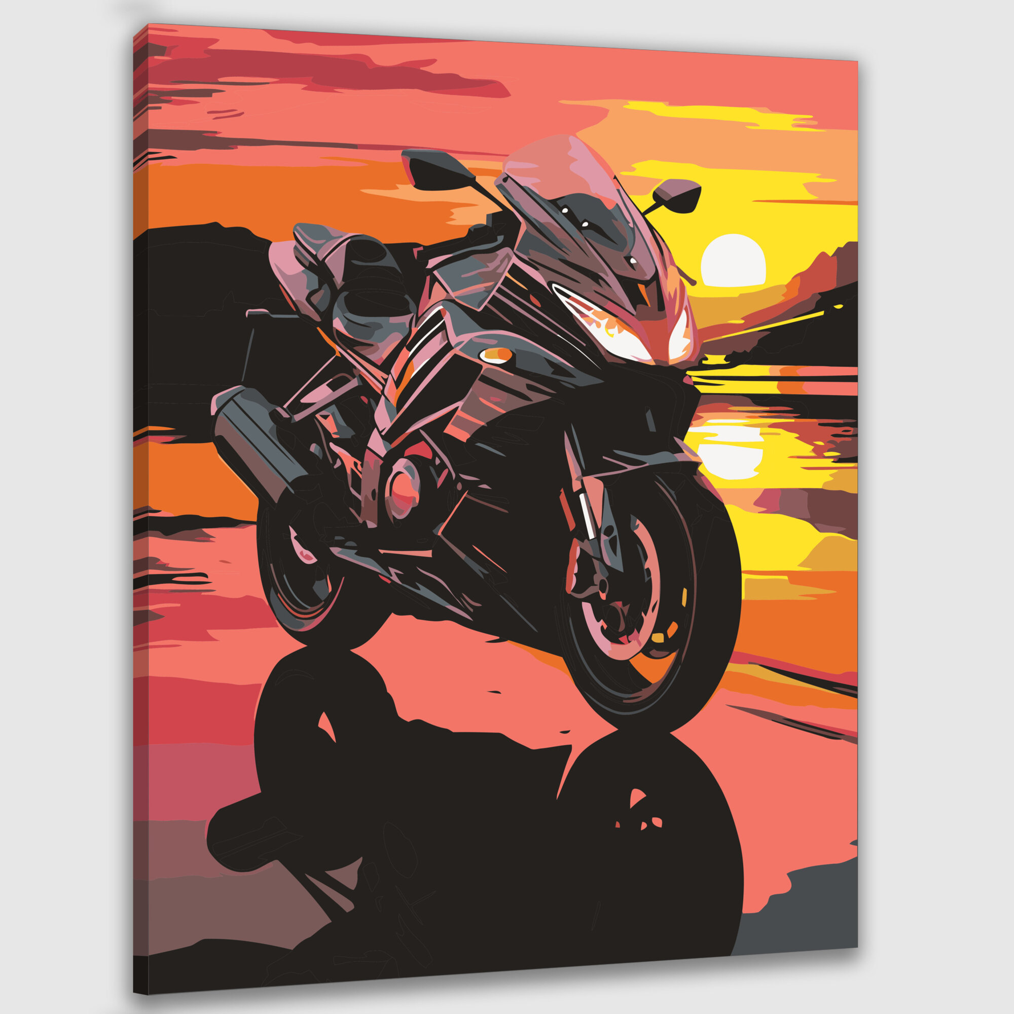 Картина по номерам 40x50 см, яркая, цифровая, картина, мотоцикл, глянцевый, черный, корпус, отражает, оттенки, закат