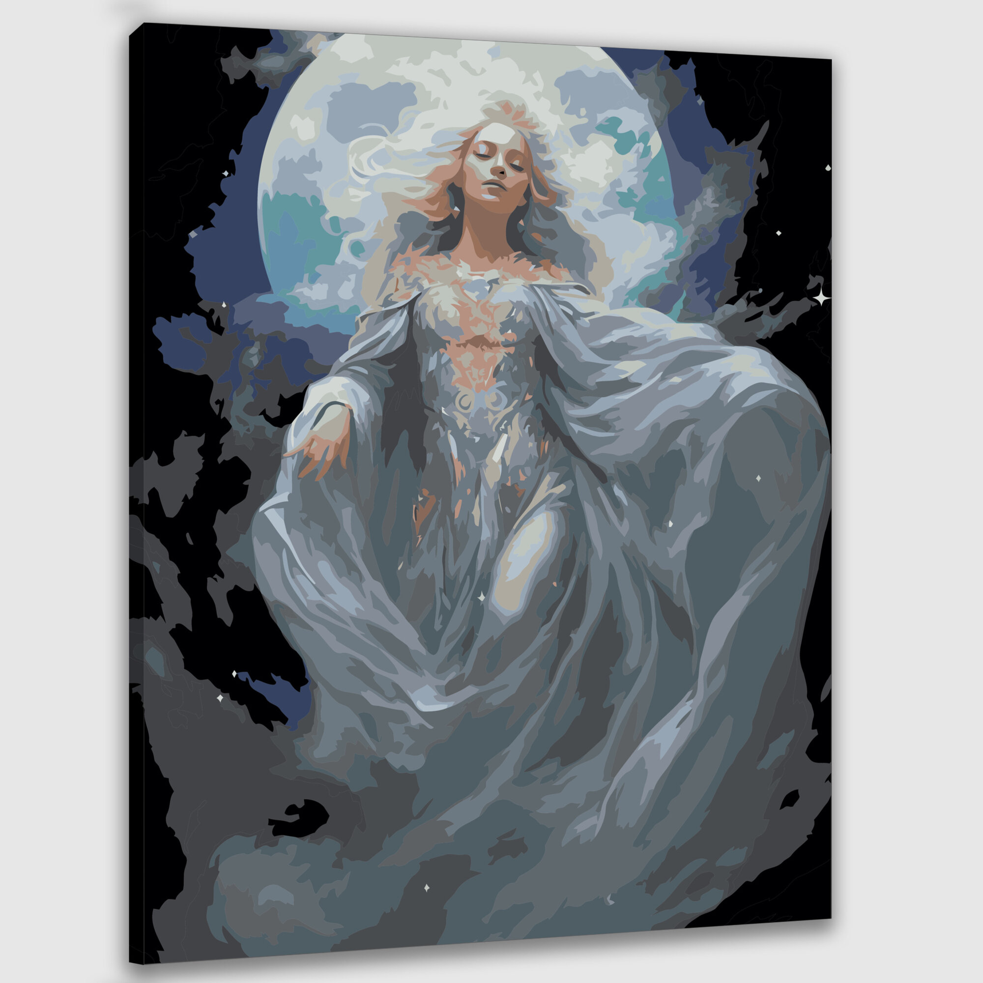 Картина по номерам 40x50 см, картина, масло, мистическая богиня Луны, небесное царство, звезды, облака, радужные одежды