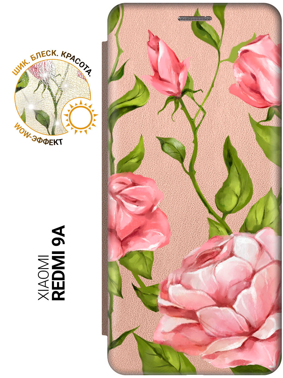 Чехол-книжка на Xiaomi Redmi 9A, Сяоми Редми 9А с 3D принтом "Amazing Roses" золотистый