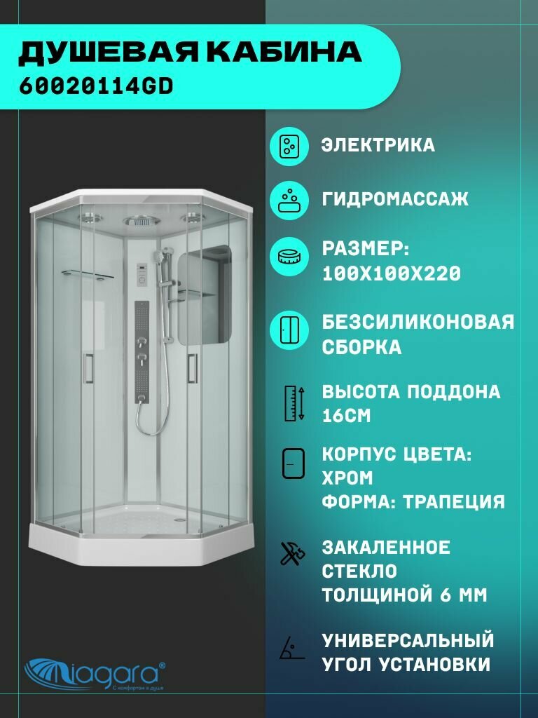 Душевая кабина Niagara Premium NG-6002-01GD (100х100х220) низкий поддон(16 см), стекло прозрачное,4 места