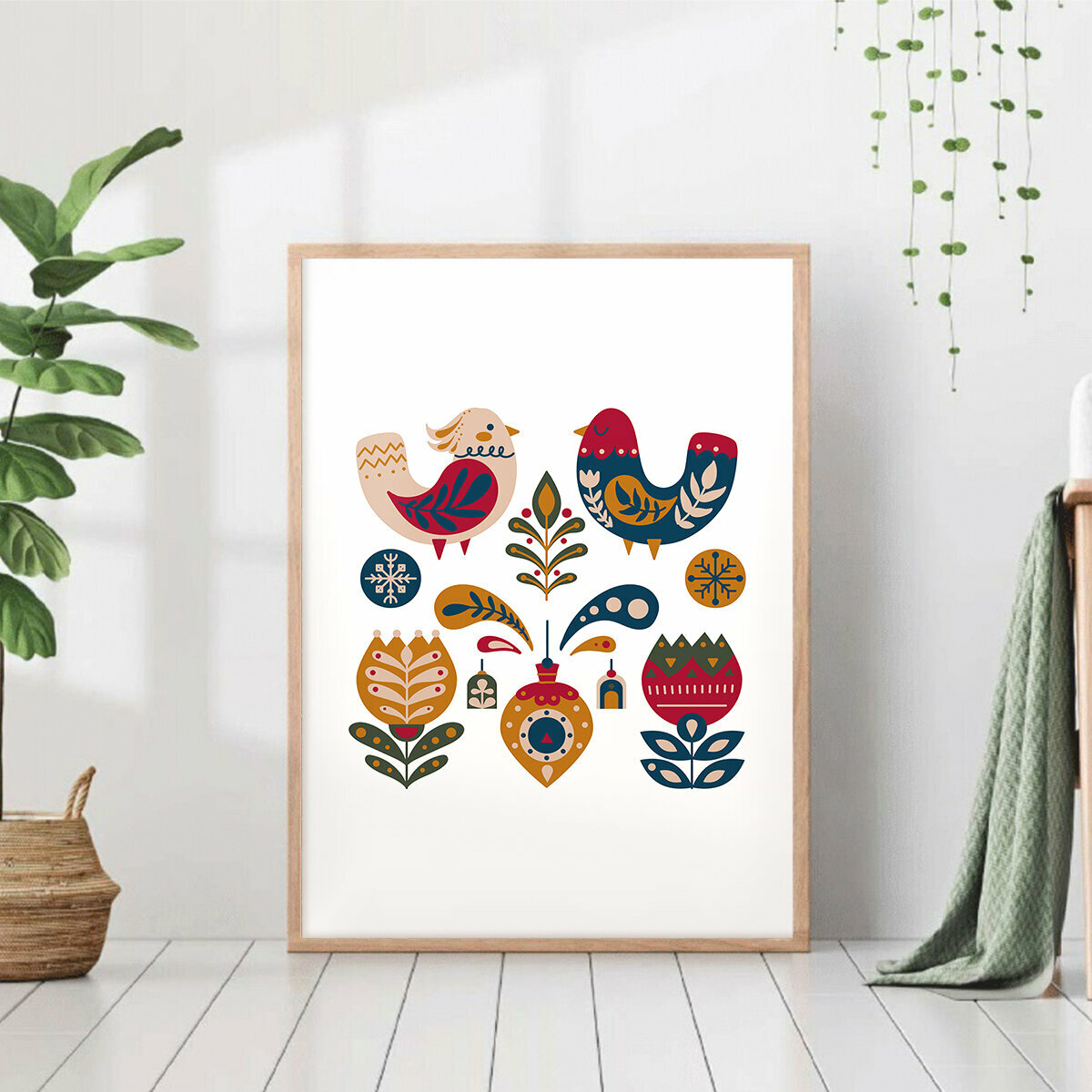 Постер "Этнический орнамент птицы хохлома" 40x50 без рамки для интерьера на стену