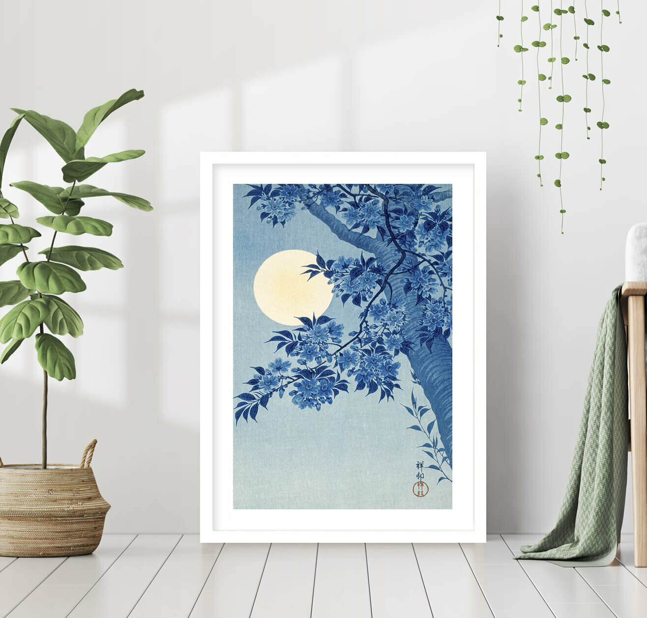 Постер "Японская живопись, луна" 50x70 в белой рамке на стену для интерьера