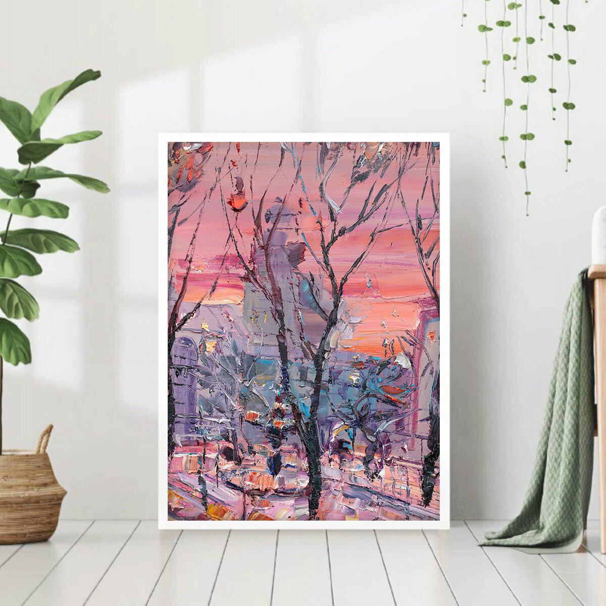 Постер "Дерево абстракция на розовом фоне" 40х50 в белой рамке для интерьера на стену