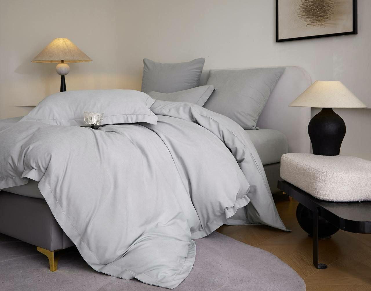 Комплект постельного белья Winni 2 спальный, Бархатный сатин, Светло-серый