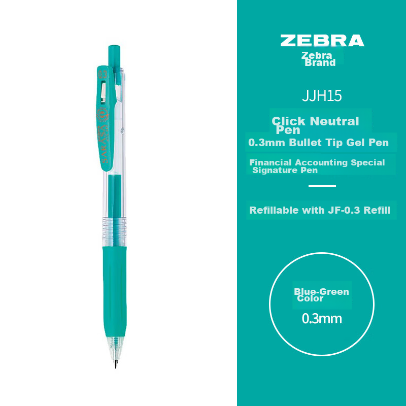 ZEBRA Brand Retractable Gel Pen, 0.3mm Bullet Tip, Gel Ink Pen, Financial Accounting Specialized Signing Pen, JJH15, Blue-Green