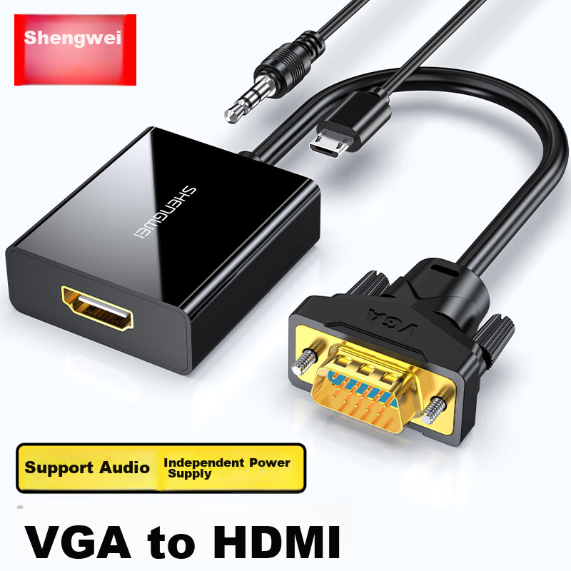 Shengwei VGA to HDMI Cable Adapter with Audio And Power Supply, High-Definition Video, Compatible with Laptops, Desktop Computers, TVs, Monitors, Projectors, AVH1025G