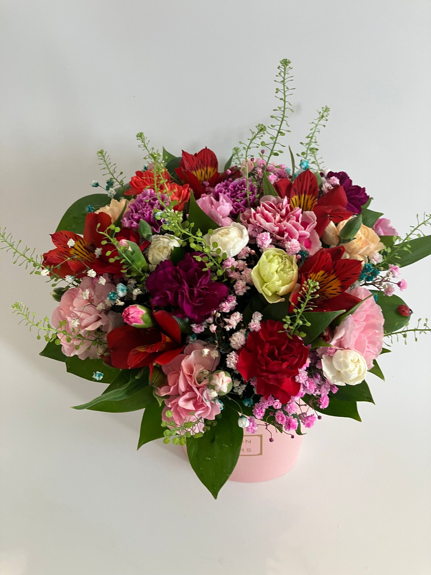 Букет композиция из кустовых гвоздик микс, с красной альстромерией в коробке Мейсон-розовая