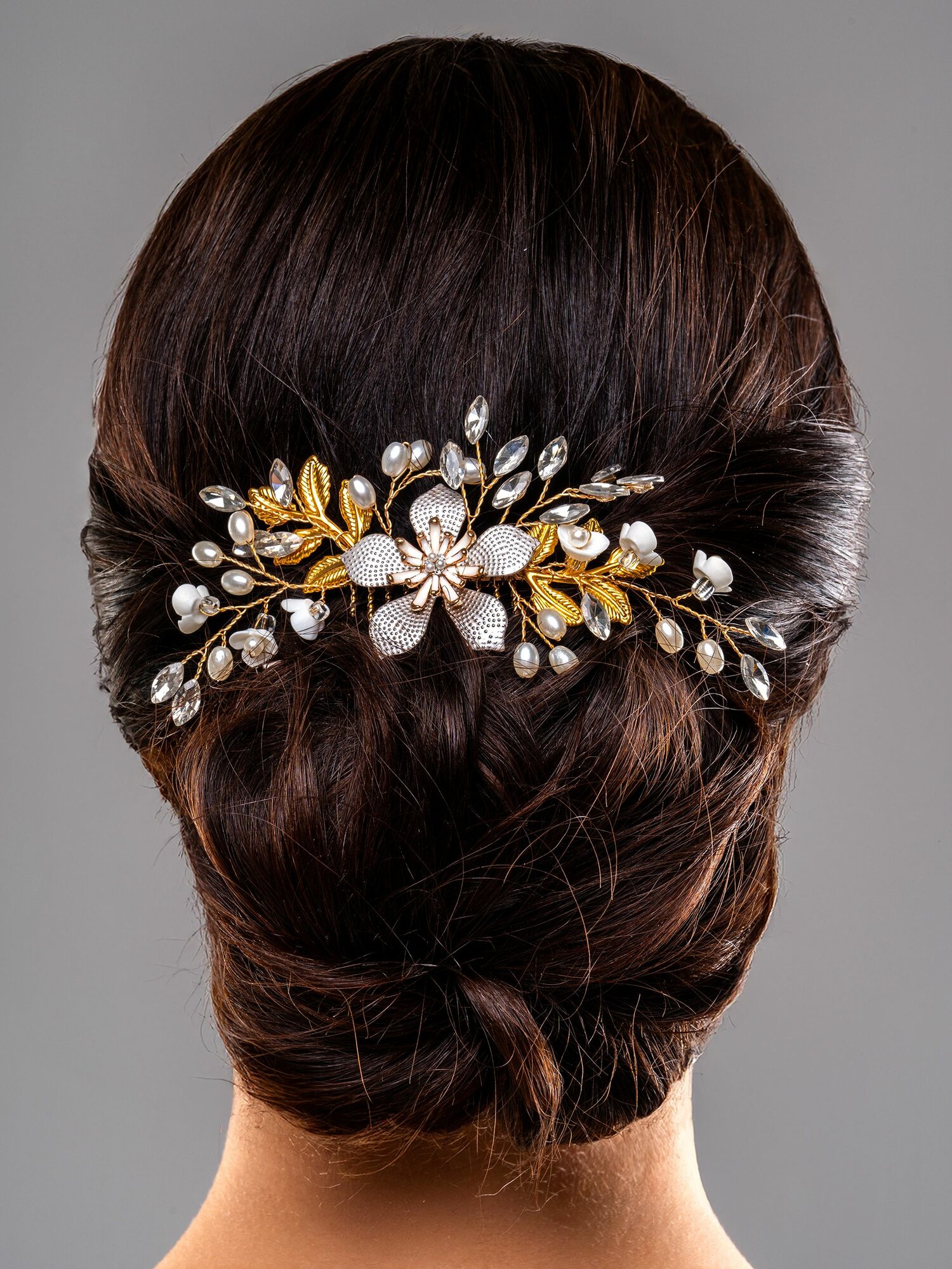 Гребень LUMINA, вечерний, бижутерный сплав/стразы/жемчуг/пластик, золотисто-розового цвета