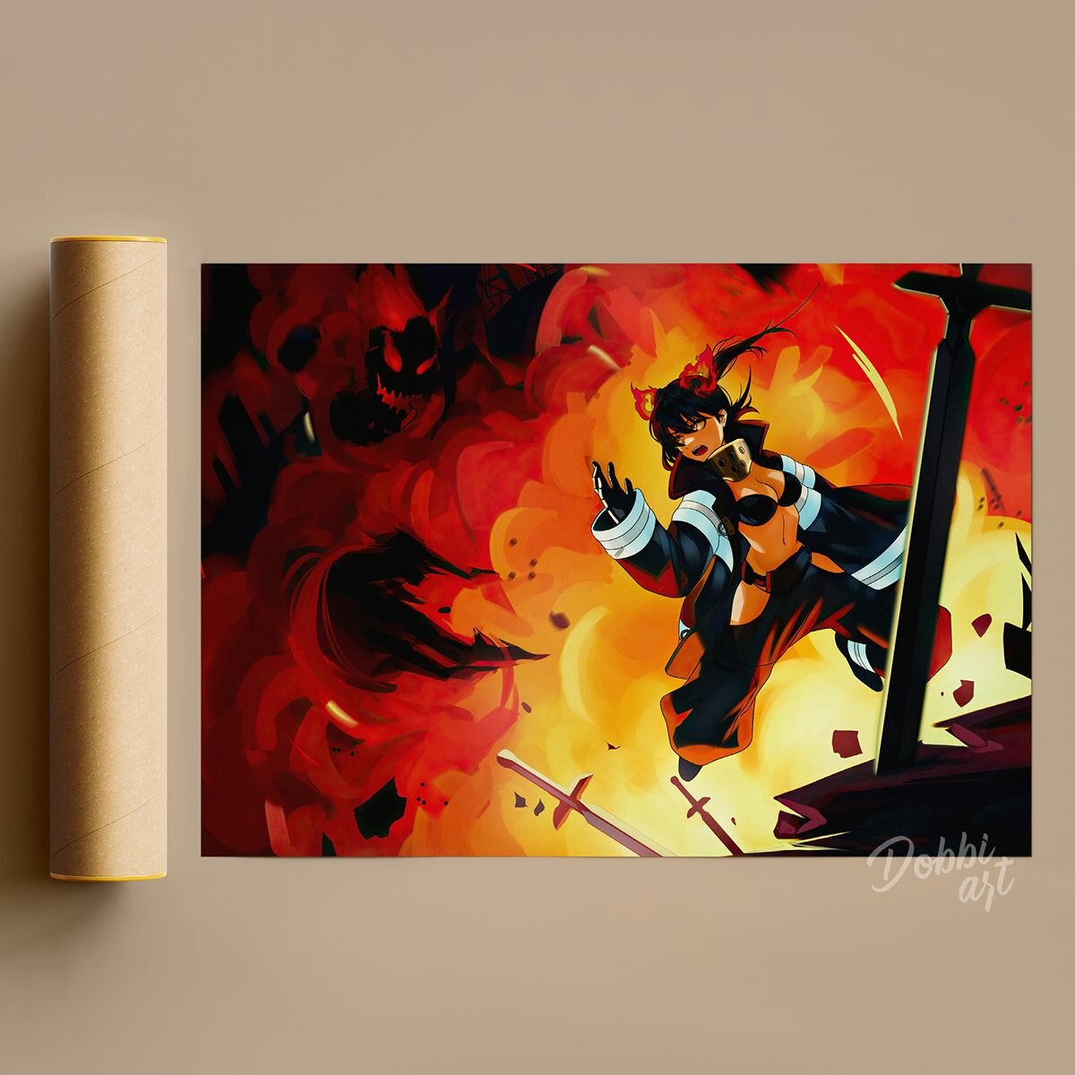 Постер Пламенная бригада пожарных 60х80 см без рамы/ Аниме Манга Enen no Shouboutai Тамаки Котацу/ Постер для интерьера дома/ Плакат интерьерный Аниме, подарок парню девушке