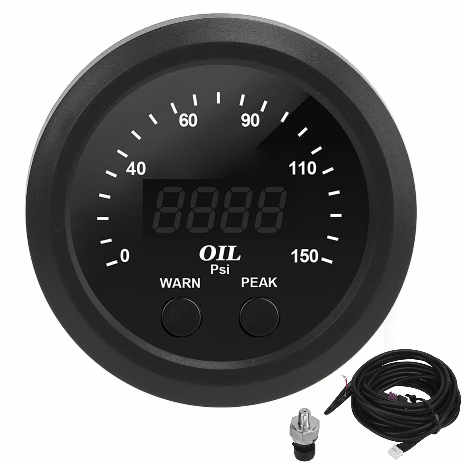 Тонкий манометр давления масла 52 мм (150 PSI) красная LED-подсветка, белый фон, с датчиком