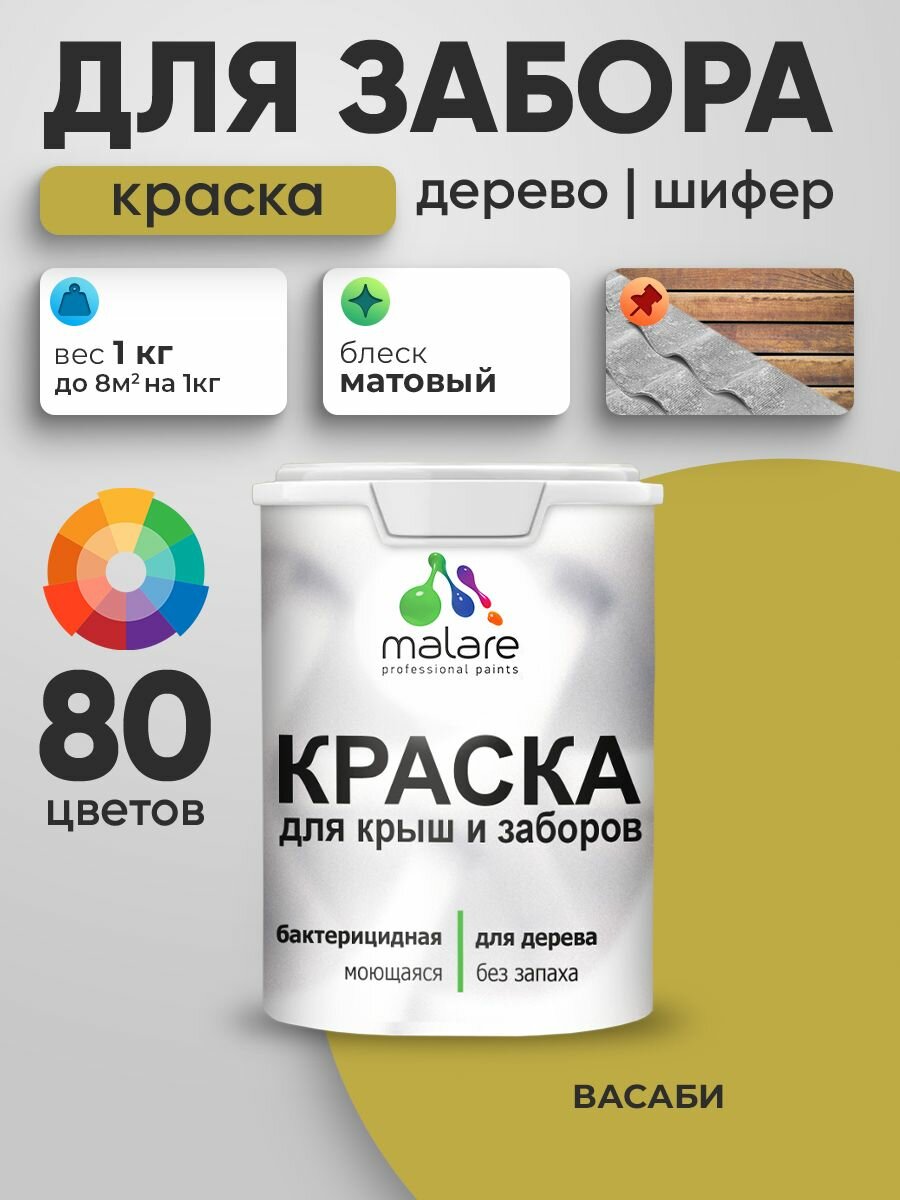 Акриловая краска Malare для деревянного забора/ по дереву для наружных и внутренних работ/ быстросохнущая моющаяся без запаха, матовая, васаби, 1 кг.