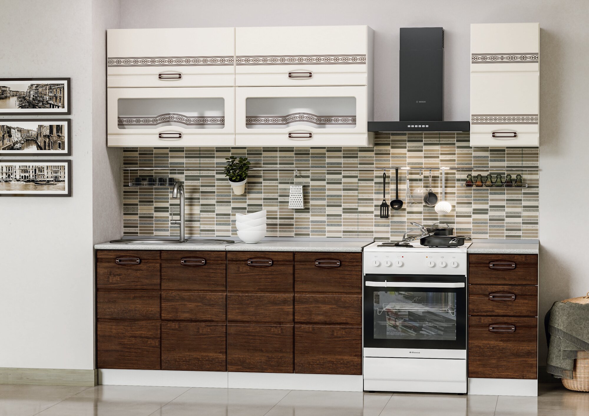 Кухня Техно-4 2,0м (Белый глянец/дерево) (Антарес) (Миф)