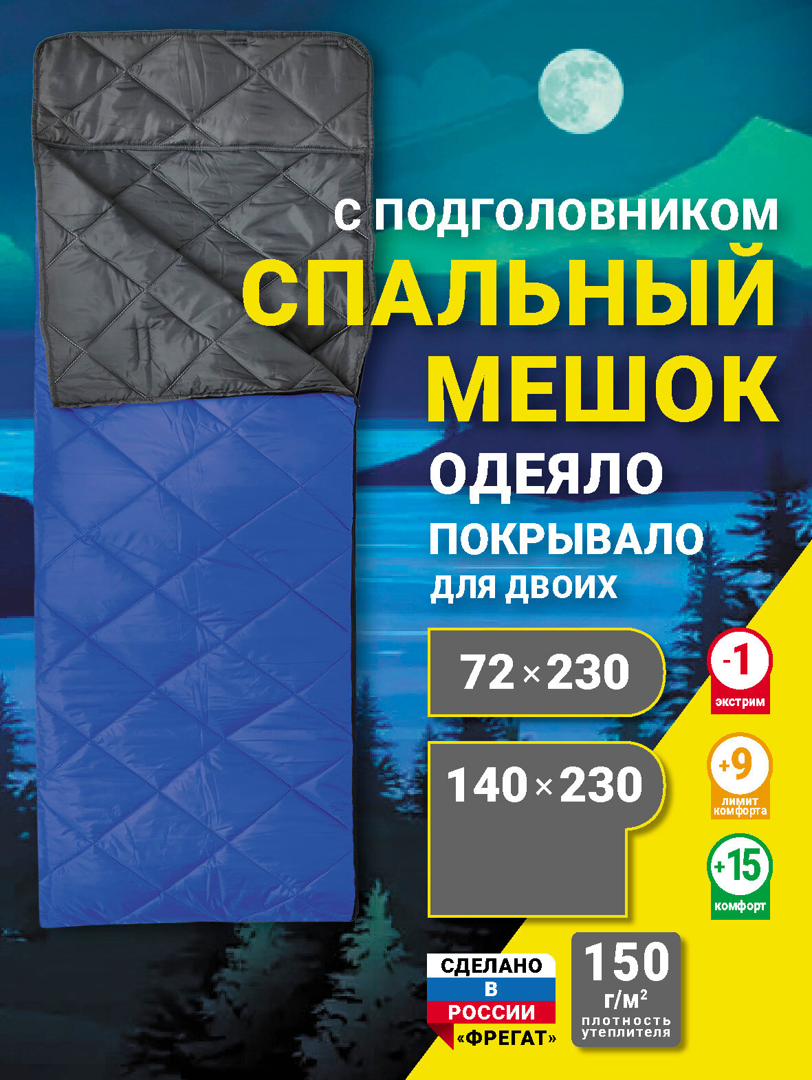 Спальный мешок туристический летний с подголовником, 72 см х 230 см, синий, (150 г/м2)