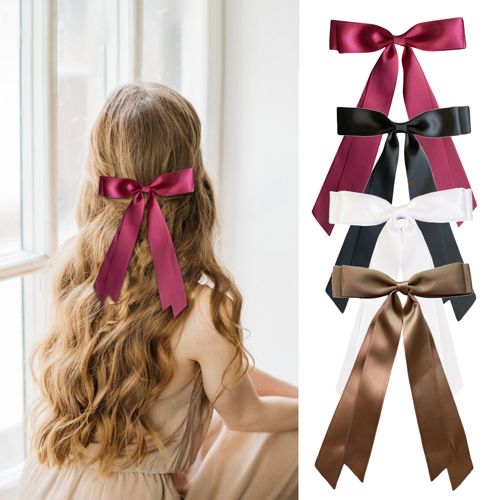 Двухслойная заколка для волос в виде банта-бабочки с атласной лентой, милые и очаровательные шелковистые атласные банты для волос, заколка для волос, аксессуар для женщин, девочек и детей