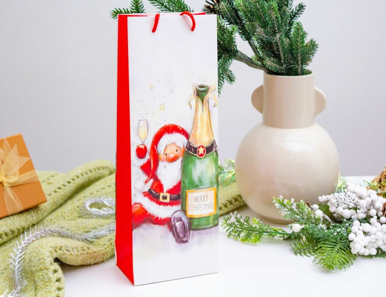 Подарочный пакет для бутылки санта: тост за исполнение желаний, 36х13 см, Koopman International ABB302020-2