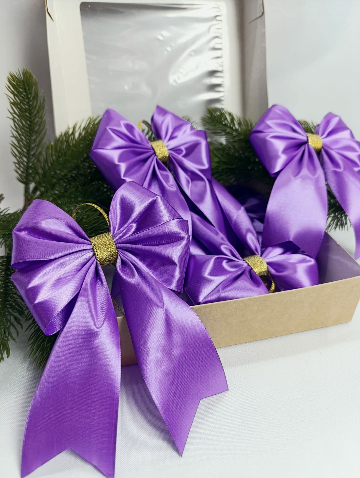 Елочное украшение, набор бантики на елку 6 шт сиреневый с золотым декором