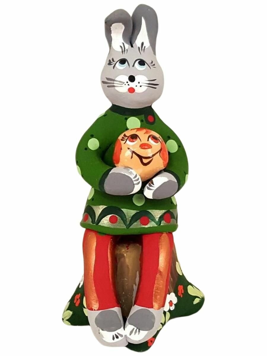 Свисток, Заяц на пне с колобком, Ковровская глиняная игрушка, ручная авторская работа