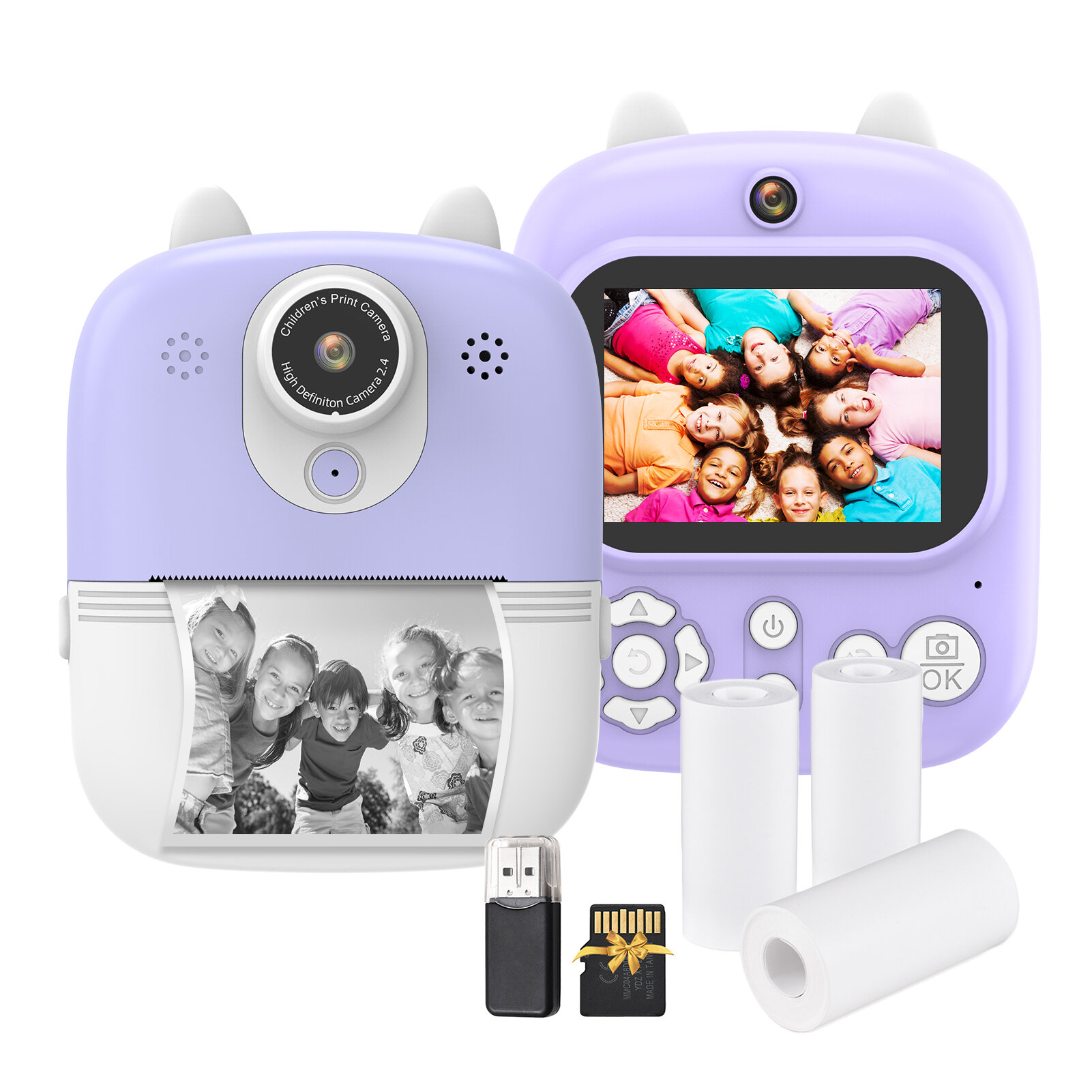 Детская камера с мгновенной печатью Kids Instant Print Camera цифровая камера для детей 1080P видеокамера с двумя объективами экран IPS 2,4 дюйма встроенная батарея с 32GB TF кардой и USB ридером 3 рулона термопaperо лямкой для шеи подарок на день