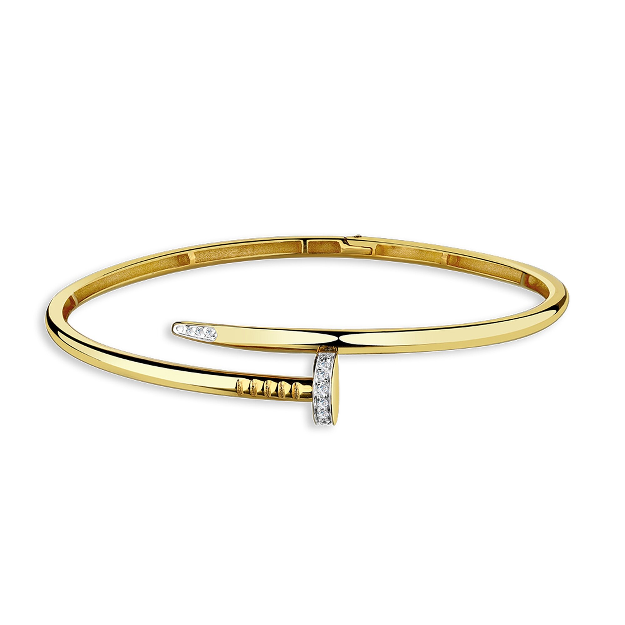 Жесткий браслет, желтое золото, 585 проба, фианит