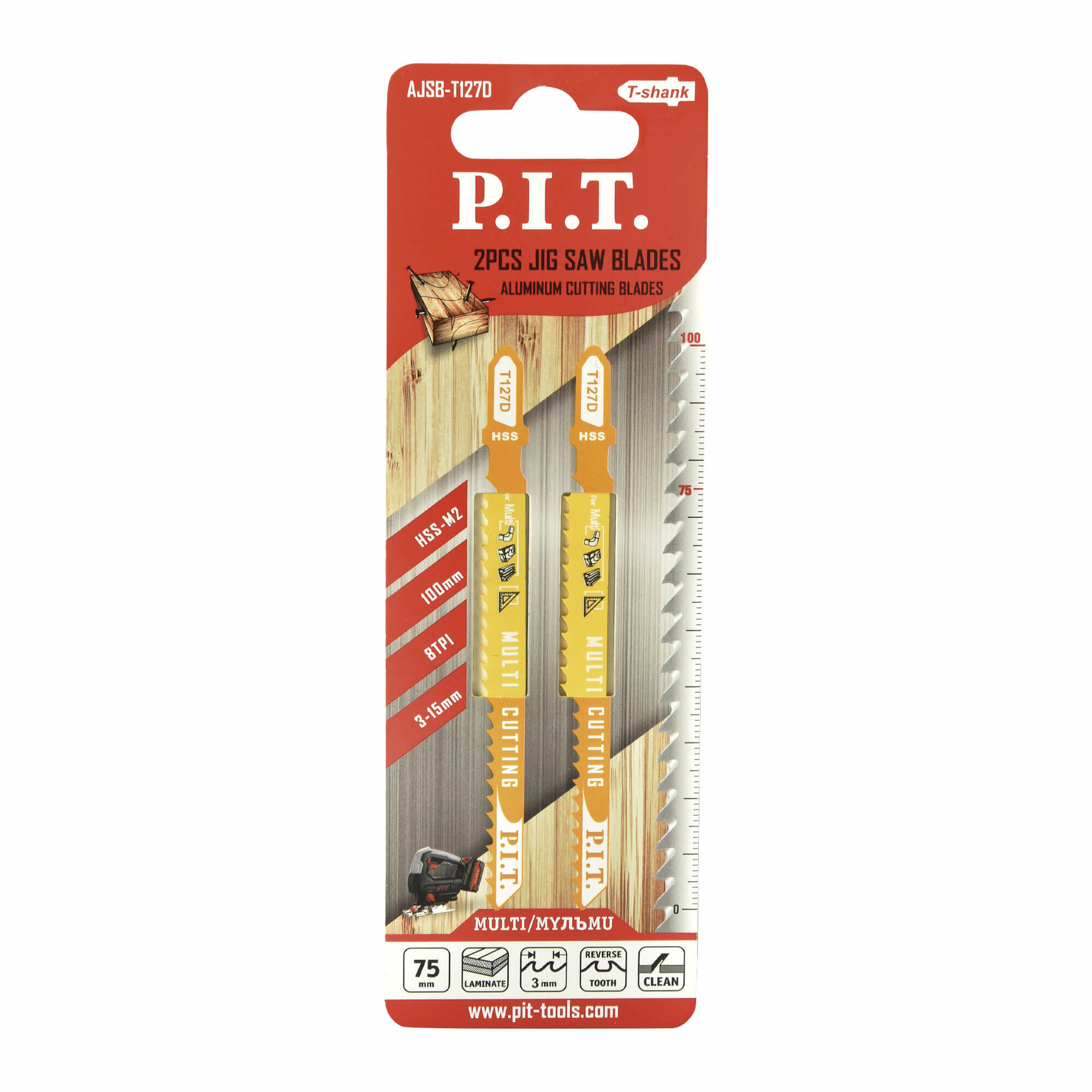 Пилки универсальные для лобзика 75мм, 2 шт. P.I.T. T127D (чистый рез) (AJSB-T127D)