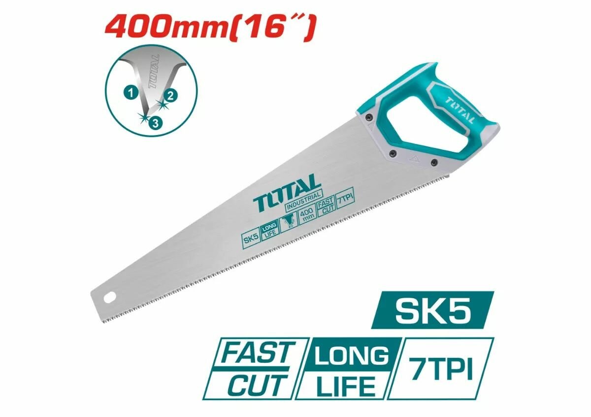 Ручная пила по дереву (ножовка) 400мм, из углеродистой стали SK5 TOTAL THT55166D
