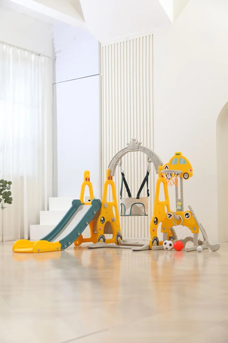 Горка детская с качелями и баскетбольной стойкой со спуском 138 см UNIX Kids Funny Car Yellow из пластика, игровой комплекс 3 в 1, для дома и улицы, желтый