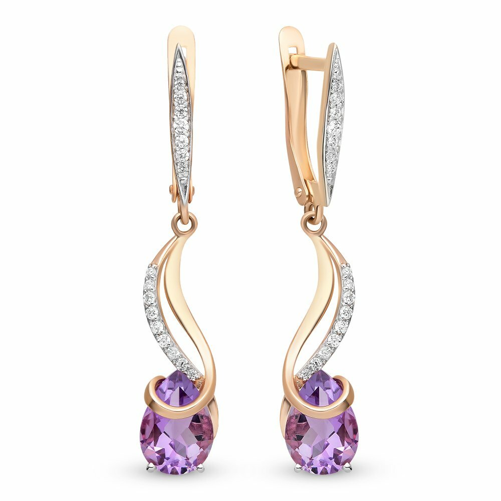 Серьги, красное золото, 585 проба, родирование, фианит, аметист